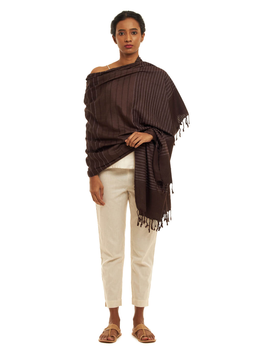 Handwoven Kosa and Soft Mulberry Silk Shawl in Earthly Brown – Kosala