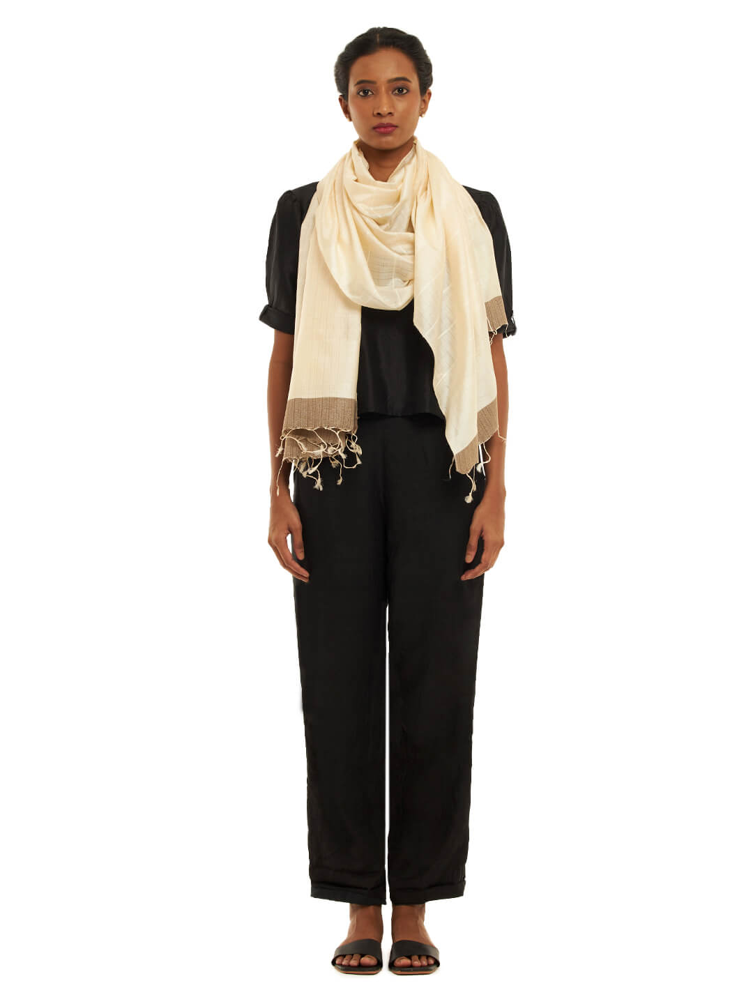 Handwoven Natural Plain Kosa and Mulberry Silk Stole with Beige Border ...