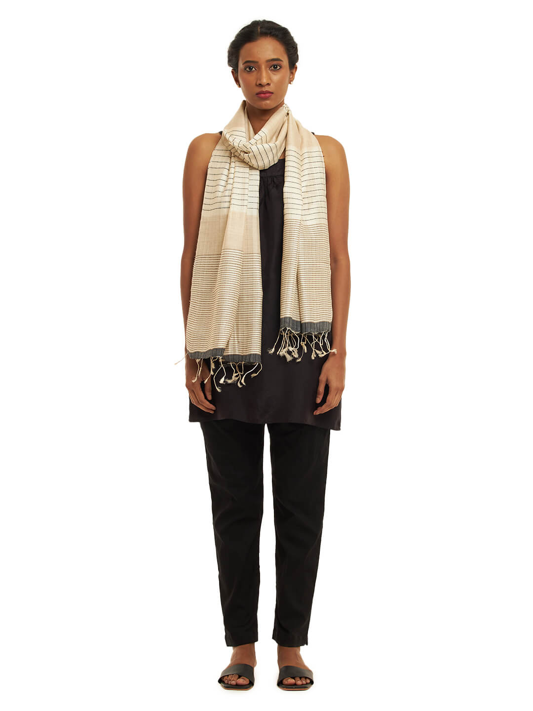 Handwoven Natural Kosa Stoles with Soft Textures and Black Border – Kosala