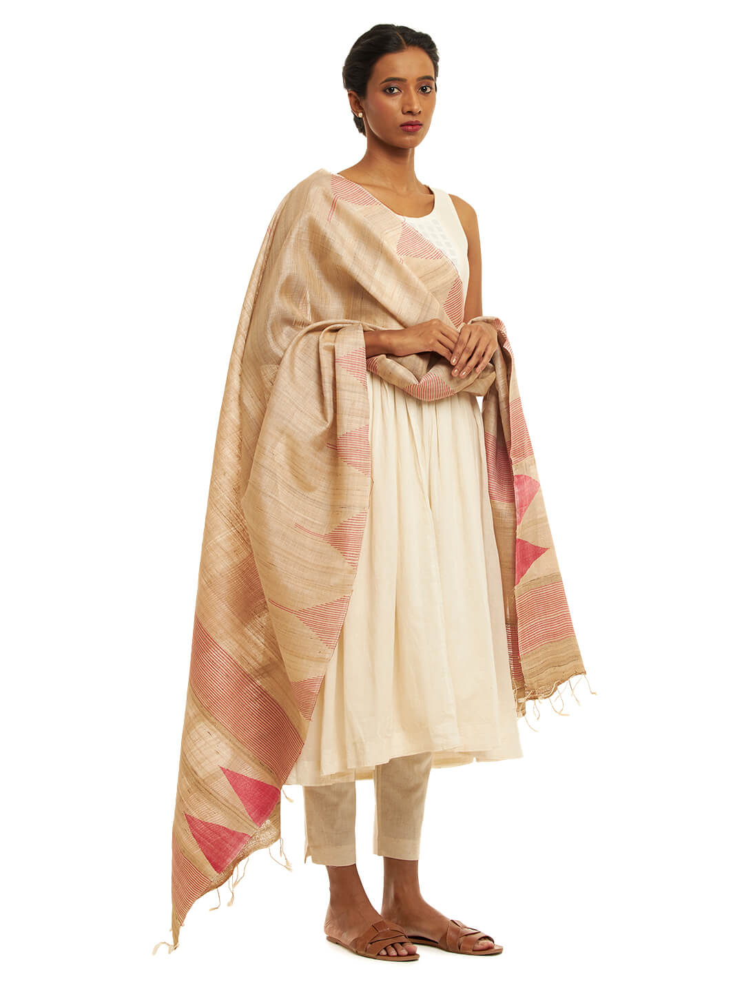 Handwoven Natural Kosa Silk Dupatta with Stripes and Temple in Pink ...