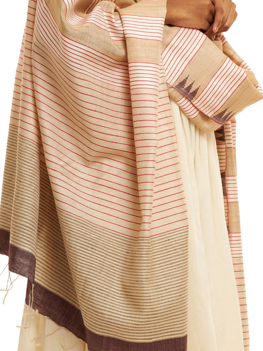 Handwoven Natural Kosa Silk Dupatta with Red and Brown Stripes – Kosala