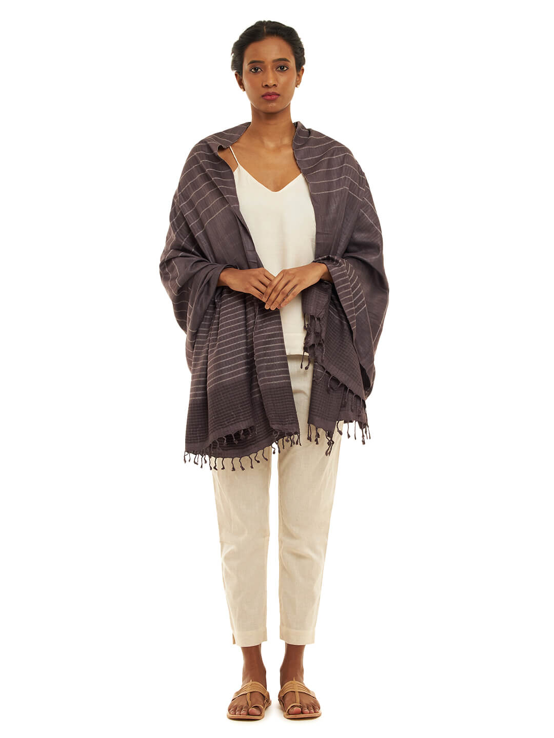 Handwoven Kosa and Soft Mulberry Silk Shawl in Warm Grey – Kosala