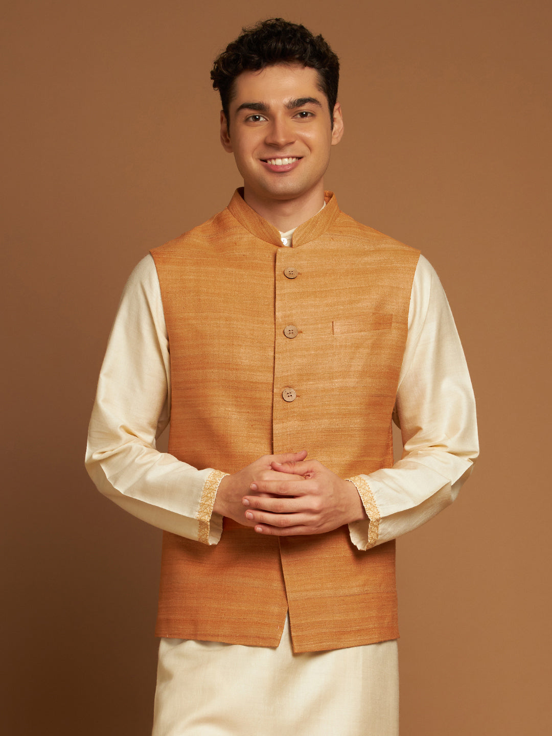 Classic Nehru Jacket in Ghicha silk with wooden buttons in Orange – Kosala