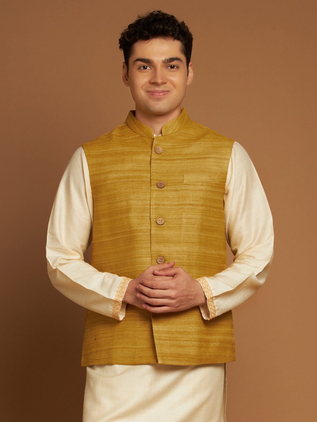 Classic Nehru Jacket in Ghicha silk with wooden buttons in Yellow – Kosala