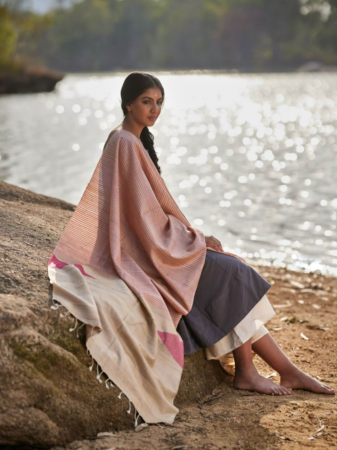 Handwoven Natural Kosa Silk Dupatta with Stripes and Temple in Pink ...