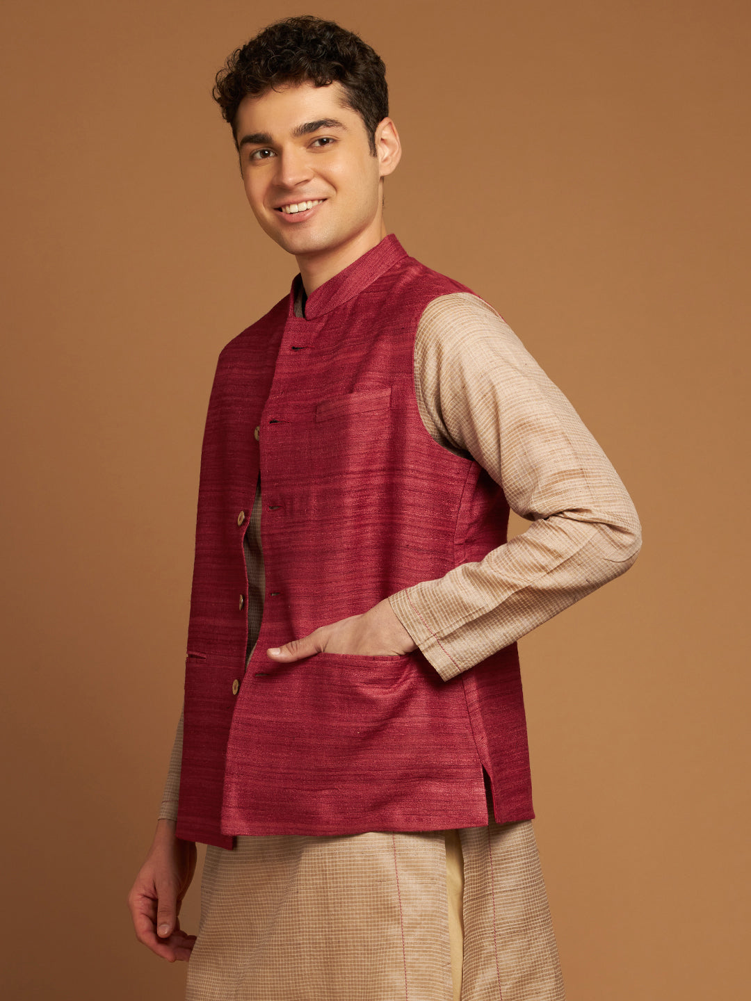 Classic Nehru Jacket in Ghicha silk with wooden buttons in Burgundy ...