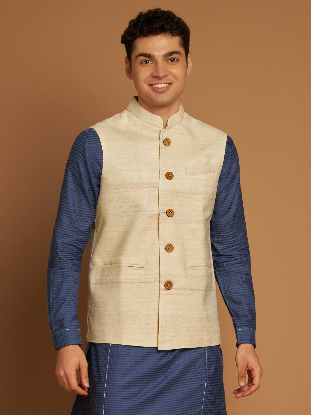 Classic Nehru Jacket in Ghicha silk with wooden buttons in Natural col ...
